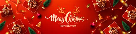 메리 크리스마스 Amp 새해 복 많은 새해 프로모션 포스터 또는 빨간색 선물 상자 Led 문자열 조명 과 빨간색과 금 스타일의 크리스마스 프로모션에 대한 크리스마스 요소