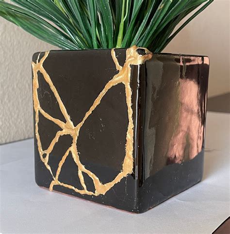 Kintsugi Planter With Artificial Plant Black With Gold Etsy