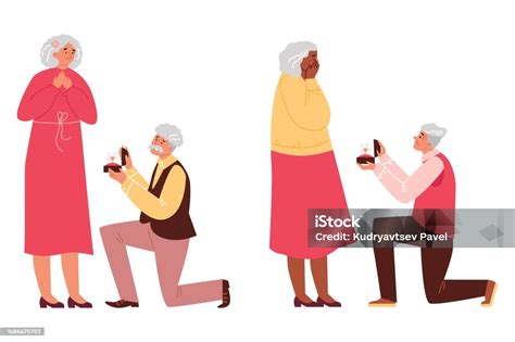 여자 친구에게 프러포즈하는 노인들 하얀 배경에 고립된 평면 벡터 삽화 한쪽 무릎을 꿇고 다이아몬드 반지가 든 상자를 들고 놀란 노파 약혼 개념입니다 개체 그룹에 대한 스톡