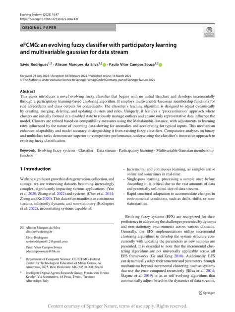 Efcmg An Evolving Fuzzy Classifier With Participatory Learning And