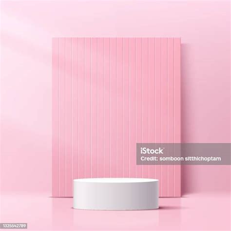 핑크 기하학적 사각형과 수직 라인 텍스처 배경현대 화이트 실린더 받침대 연단 추상 파스텔 핑크 컬러 최소화 장면 벡터 렌더링