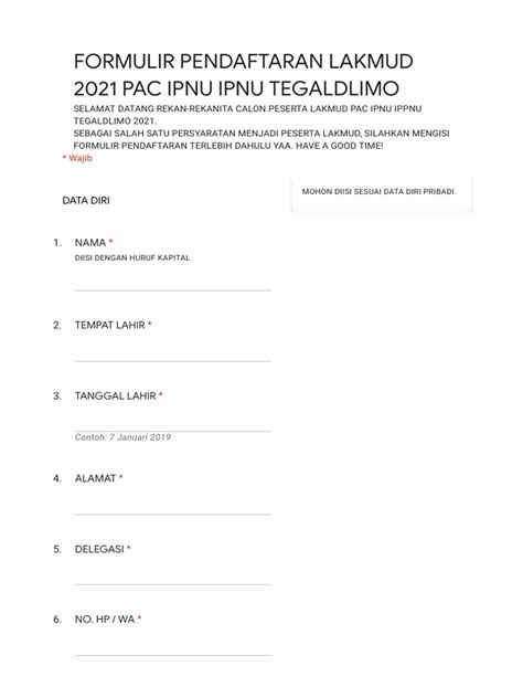Formulir Pendaftaran Lakmud 2021 Pac Ipnu Ipnu Tegaldlimo Pdf