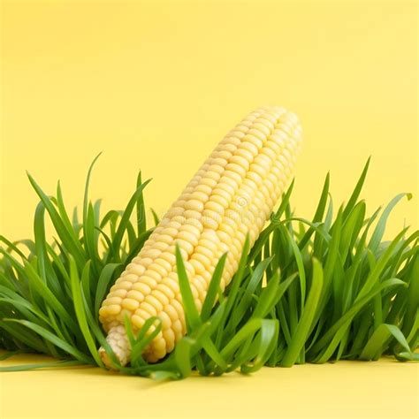 A Cob Of Corn Resting In A Patch Of Fresh Green Grass On A Pastel Yellow Background Stock