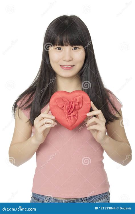 Asian Woman Holding A Red Heart Isolated On White Background Stock