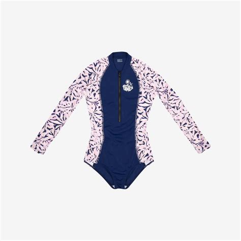 Girls Surfing Front Zip Long Sleeve One Piece Swimsuit 500 Lucy Lilac