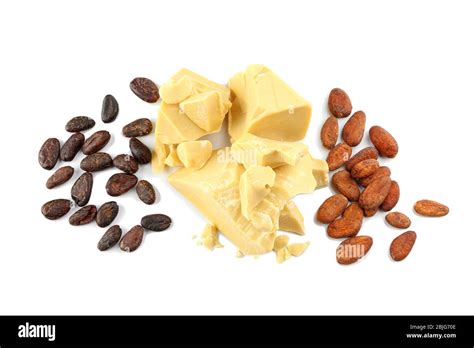 Pieces Of Cocoa Butter And Beans On White Background Stock Photo Alamy