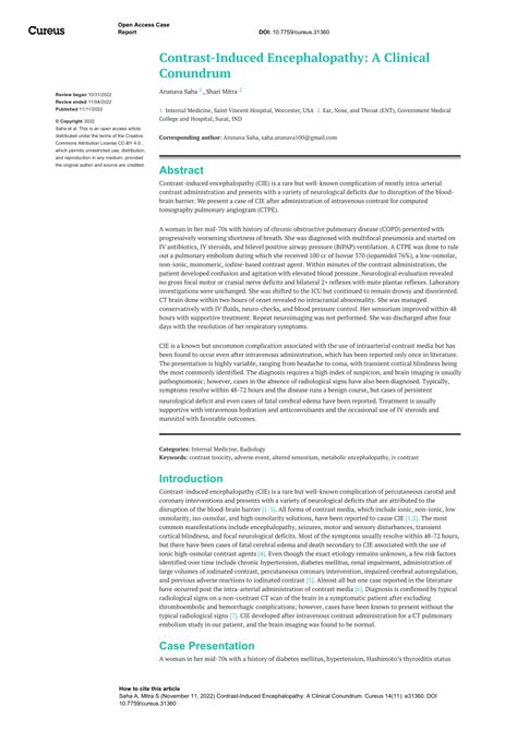 Pdf Contrast Induced Encephalopathy A Clinical Conundrum