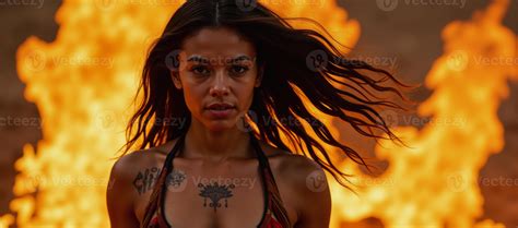 An Ethereal African American Woman In Flames Walks Through The Inferno
