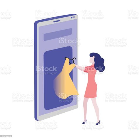 큰 휴대 전화에 인터넷 상점의 응용 프로그램에서 드레스를 복용 젊은 여자와 온라인 쇼핑 개념 개념에 대한 스톡 벡터 아트 및