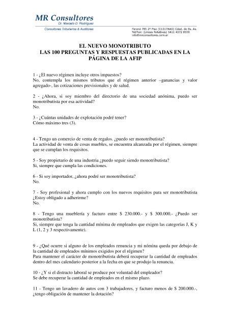 Monotributo 100 Preguntas De Afip Mr Consultores
