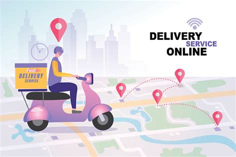전자 상거래 개념 모바일 온라인 식품 주문 인포 그래픽에 스쿠터에 의해 빠른 배달 웹 페이지 앱 디자인 격리된 벡터입니다 개념에 대한 스톡 벡터 아트 및 기타 이미지