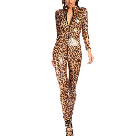 Womens Faux Leather Wet Look Leopard Print Shiny Catsuit Zipper Crotch