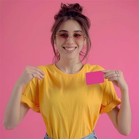A Woman Wearing A Yellow Shirt That Says Quot She Is Holding A Card