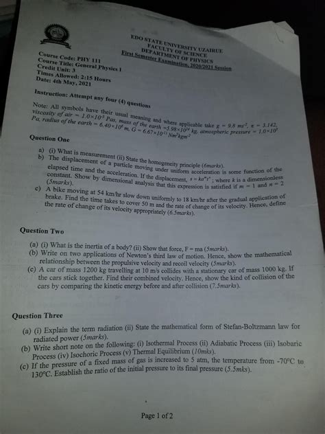 Phy 111 1st Semester Pq 1 Introduction To Physics Studocu