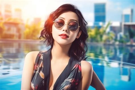 Premium Ai Image Portrait Beautiful Young Asian Woman Relaxing Around