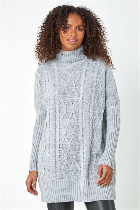Grey Pearl Embellished Cable Knit Jumper Roman UK