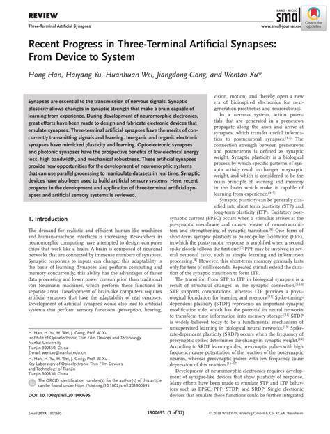 Pdf Recent Progress In Three‐terminal Artificial Synapses From Device To System