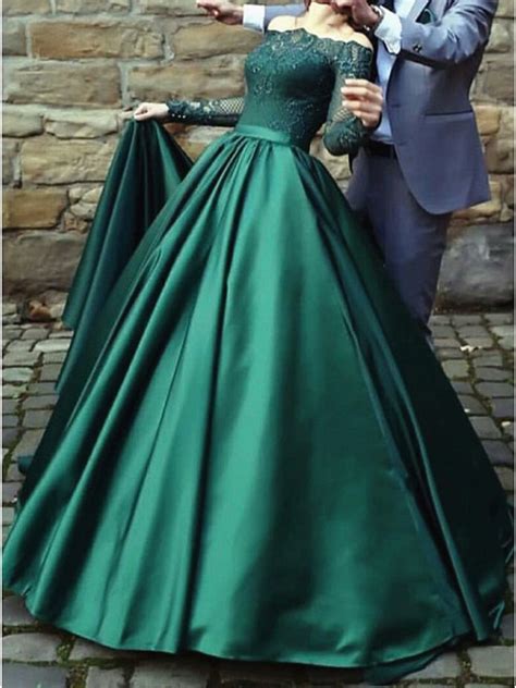 Long Sleeves Long Green Lace Prom Dresses Emerald Green Lace Formal E