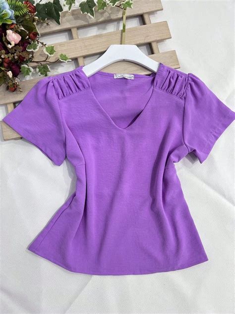 Blusa Manga Curta De Decote V Womens Tops Casual Tops