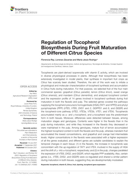 Pdf Regulation Of Tocopherol Biosynthesis During Fruit Maturation Of