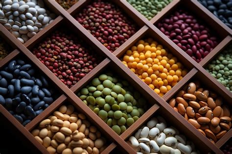 Premium Ai Image Assorted Beans Creatively Presented In Tiny Wooden Vessels From Above