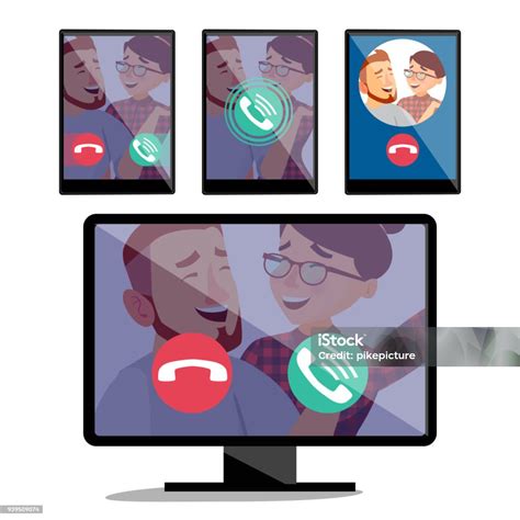Ip 전화 통신 벡터입니다 데스크톱 Pc 디스플레이 모니터 화면 및 태블릿 들어오는 음성 전화 웹 인터넷 전화 응용