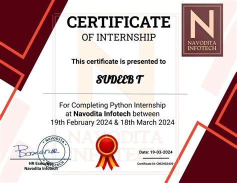 Sudeeb T On Linkedin Internship Certificate Pythondeveloper Python Navoditalnfotech