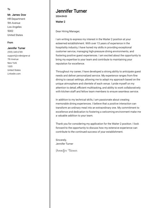 18 Waiter Cover Letter Examples For 2024 Free Templates CVDesigner Ai