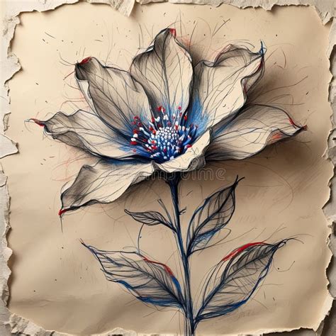 Artistic Flower Drawing With Detailed Colorful Center Stock