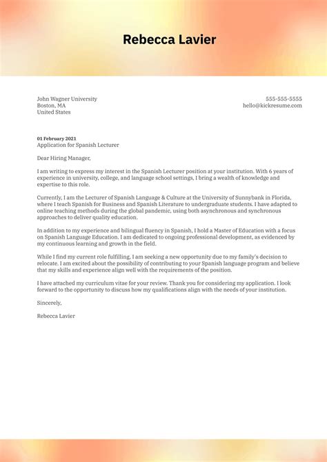 Ejemplo De Carta De Presentación De Un Profesor De Español Kickresume