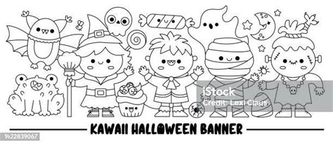 할로윈 흑백 수평 배너와 아이들을위한 귀여운 카와이 문자 뱀파이어 미라 박쥐 개구리 유령과 함께 서있는 벡터 라인 마녀 재미있는
