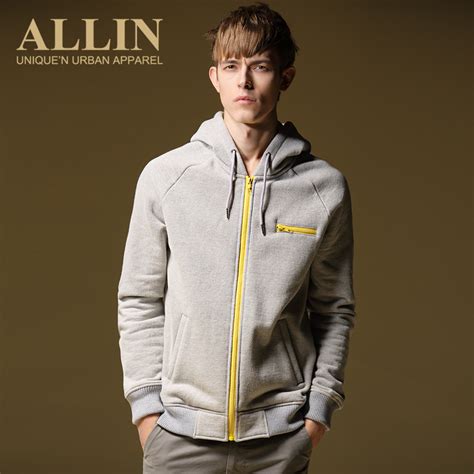 Allin 2014新款春装韩版休闲修身拉链 纯棉连帽卫衣男开衫薄外套ehomey