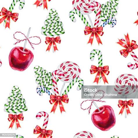 크리스마스 사탕 지팡이 줄무늬 수채화 패턴입니다 새해 간식과 카라멜 빨간 사과 끝없는 손으로 그린 배경 포장지와 직물용 0명에 대한 스톡 벡터 아트 및 기타 이미지 Istock