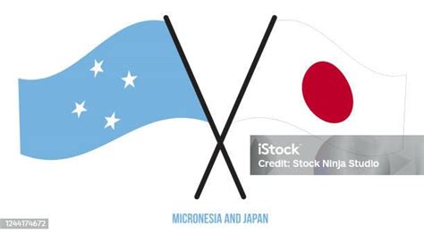 ミクロネシアと日本の旗が交差しフラットスタイルを振る公式プロポーション正しい色 アイコンのベクターアート素材や画像を多数ご用意