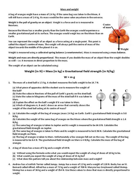 Mass And Weight Questions Pdf