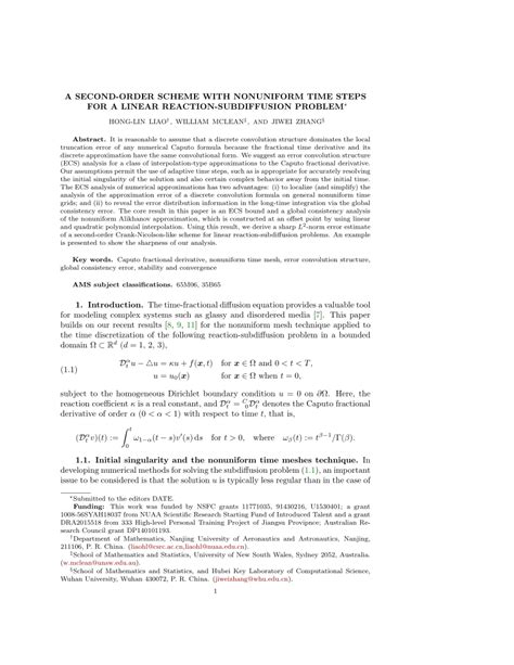 Pdf A Second Order Scheme With Nonuniform Time Steps For A Linear Reaction Sudiffusion Problem
