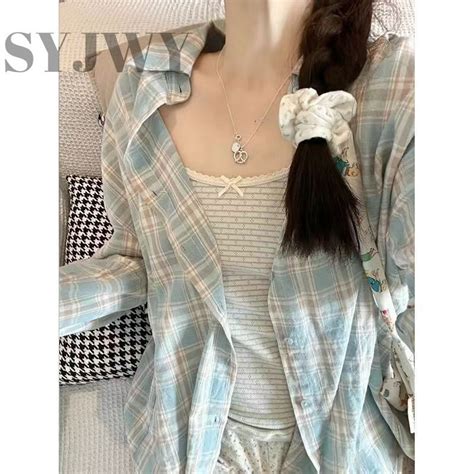 Рубашка Женский голубой туман Без рукавов Политекс Бант Клетка размер 46 облегающий Пуговицы