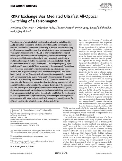RKKY Exchange Bias Mediated Ultrafast AllOptical Switching Of A Ferromagnet Request PDF