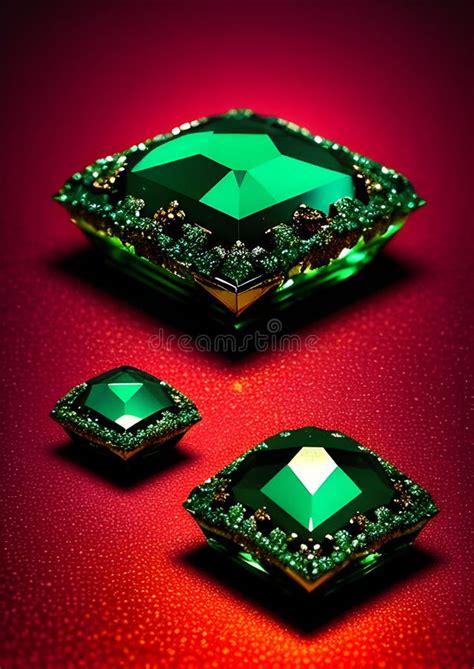Green Precious Emeralds On A Rough Red Texture Generated By Ai Stock
