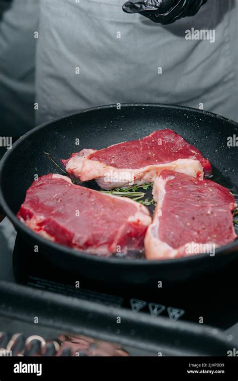 Cooking Steaks In A Pan Cooking Beef At The Culinary Master Class The