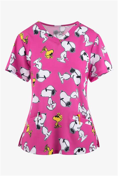 Peanuts Stylish Snoopy Everywhere Womens 2 Pocket Stretch V Neck Print