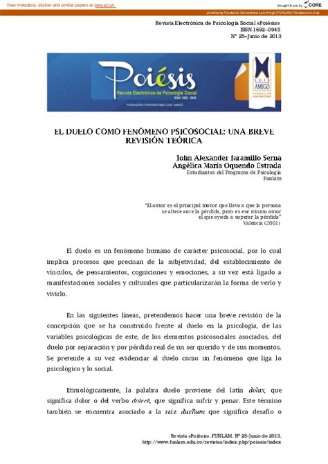 Pdf El Duelo Como Fenómeno Psicosocial Una Breve Revisión Teórica
