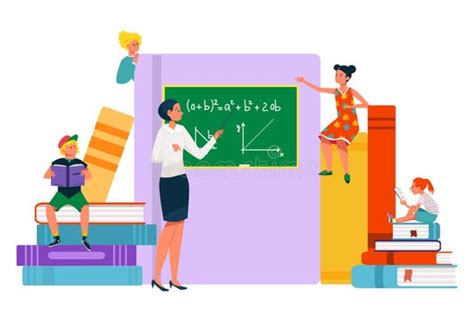 School Teacher At Math Class Vector Illustration Flat Tiny Girl Boy