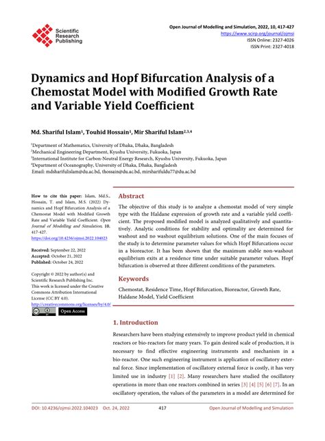 Pdf Dynamics And Hopf Bifurcation Analysis Of A Chemostat Model With Modified Growth Rate And