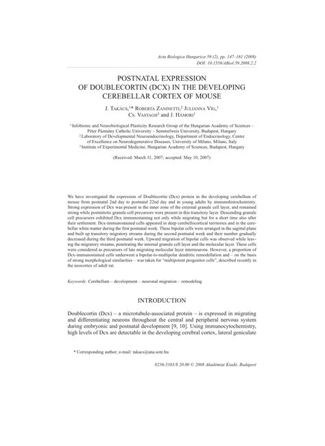 Pdf Postnatal Expression Of Doublecortin Dcx In The Developing Cerebellar Cortex Of Mouse