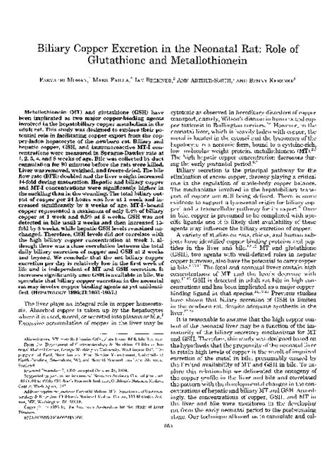Pdf Biliary Copper Excretion In The Neonatal Rat Role Of Glutathione And Metallothionein