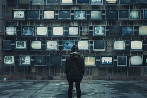Person Watching A Lot Of Tv Screens Propaganda And Fake News Concept
