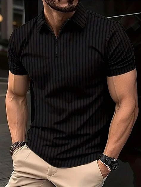Manfinity Homme Mens Plus Size Striped Zipper Quarter Zip Polo Shirt