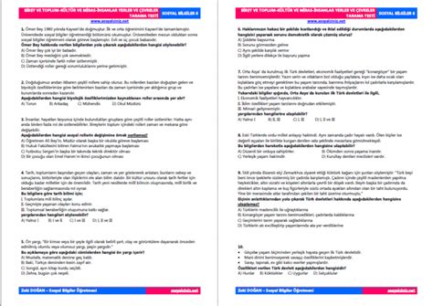 6 Sınıf Sosyal Bilgiler İlk 3 Ünite Tarama Testi Sosyal Bilgiler