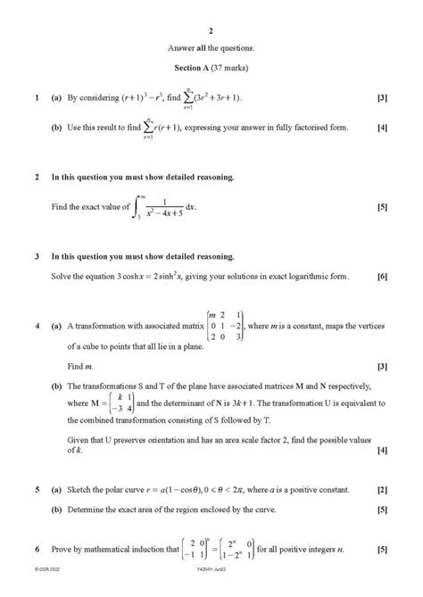 Ocr A Level Further Mathematics B Mei Y420 01 Core Pure Question